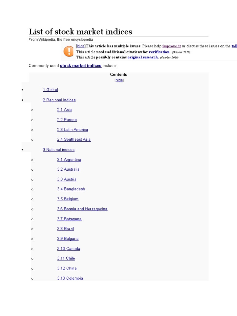 List of Stock Market Indices | PDF | Stock Market Index | S&P 500 Index