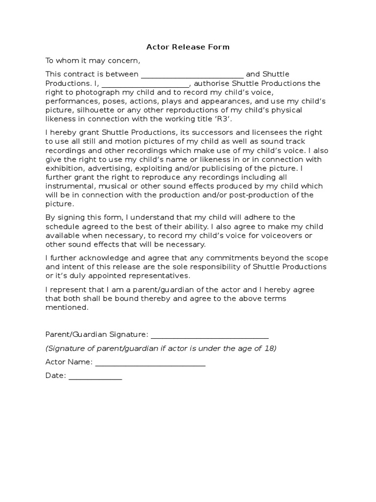Actor Release Form - Minor (Under 18) | PDF