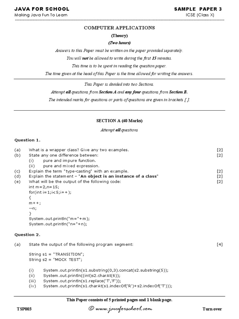 Computer Applications ICSE Sample Paper 3 | PDF | Method (Computer Programming) | Integer ...