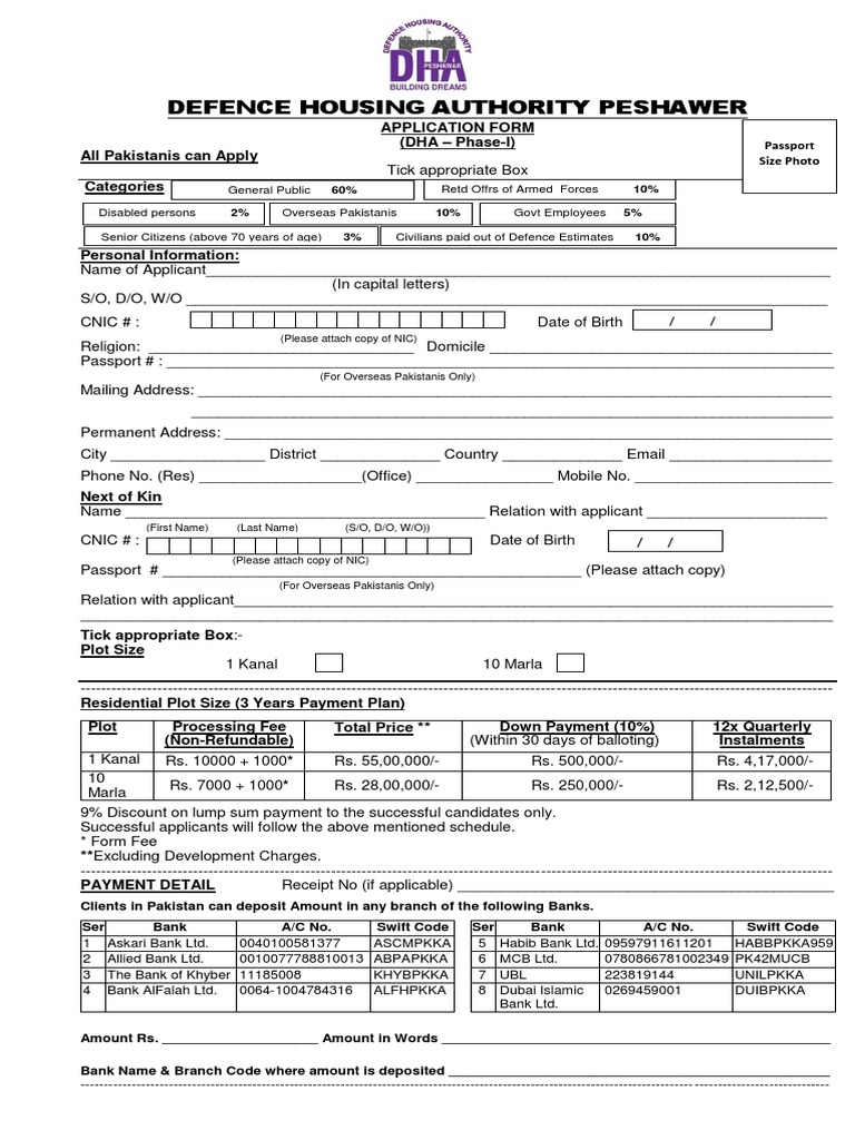 DHA Peshawar Application-Form PDF | PDF | Fee | Banks