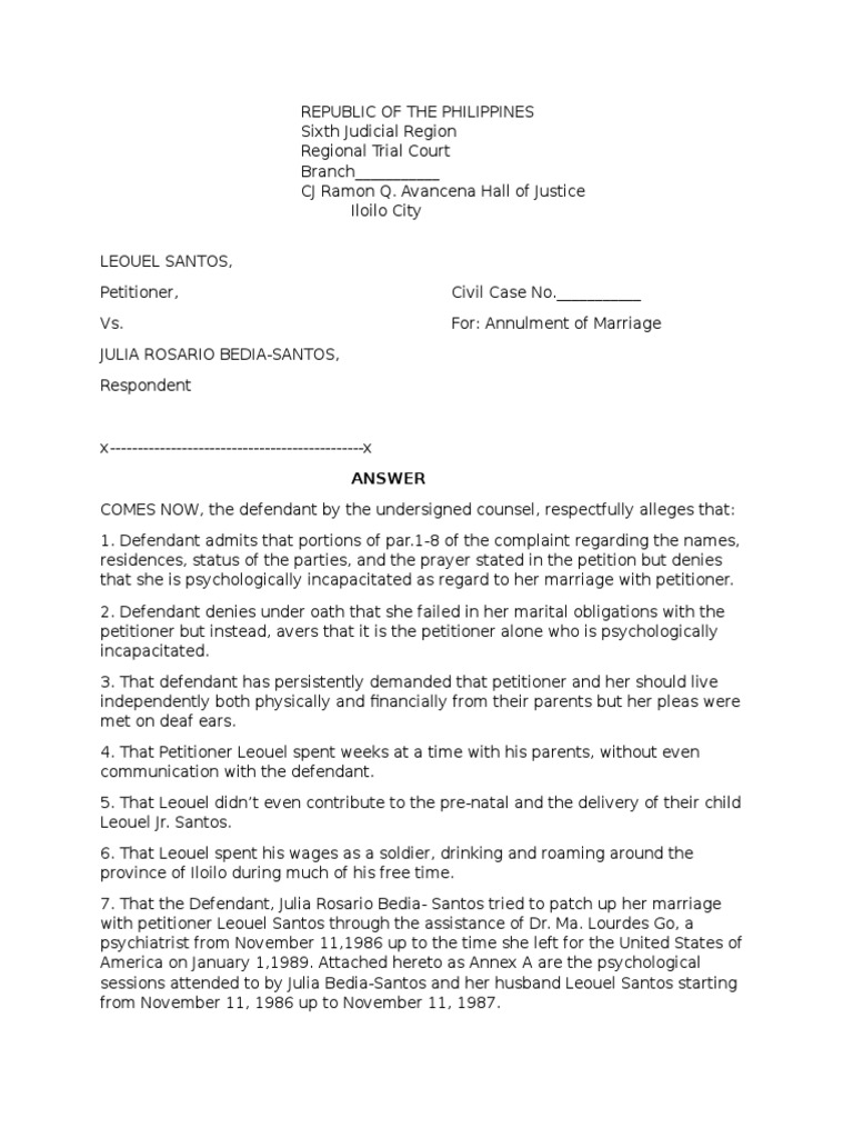 Practicum 2 Answer (Annulment Case) | PDF | Annulment | Marriage