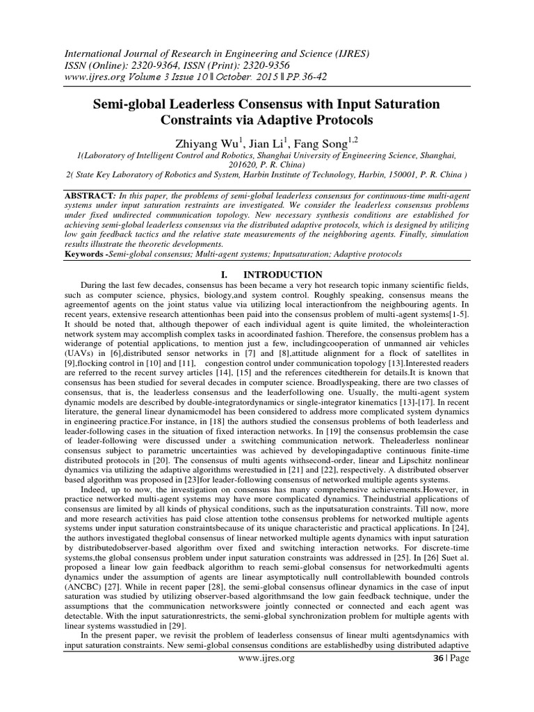 Semi-Global Leaderless Consensus With Input Saturation Constraints Via Adaptive Protocols | PDF ...