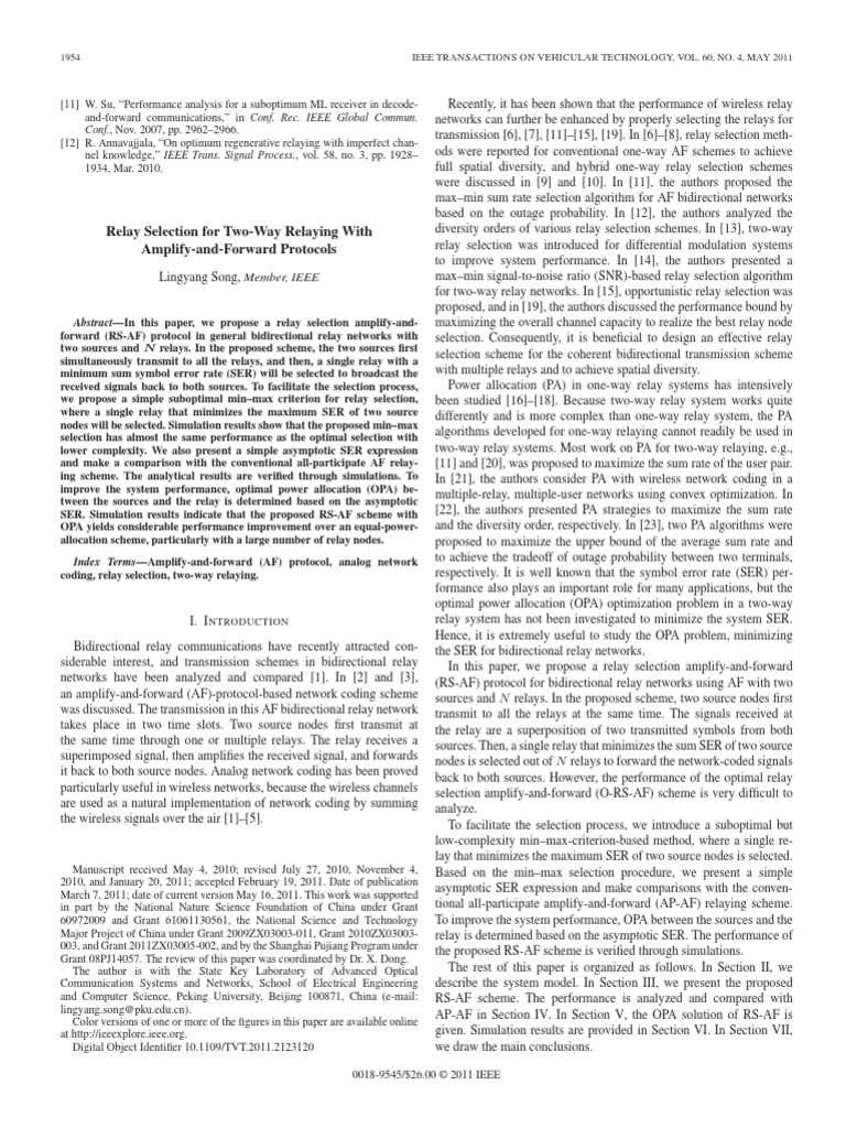 Relay Selection For Two-Way Relaying With Amplify-And-Forward Protocols | PDF | Computer Network ...