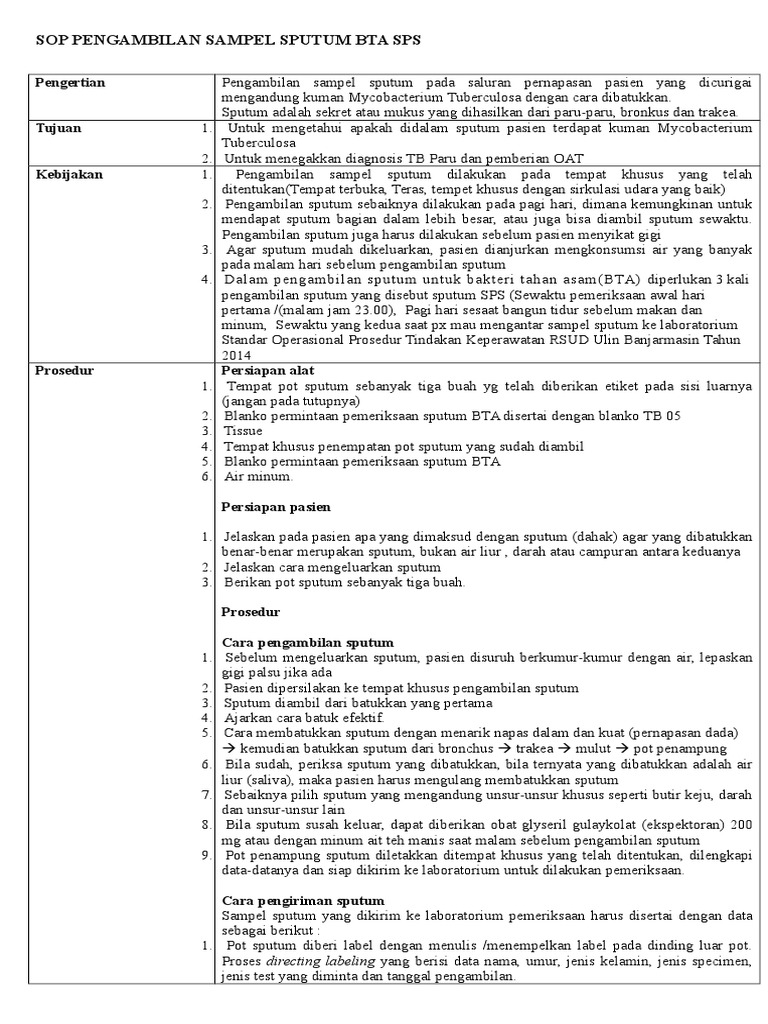Sop Pengambilan Sampel Sputum Bta SPS | PDF