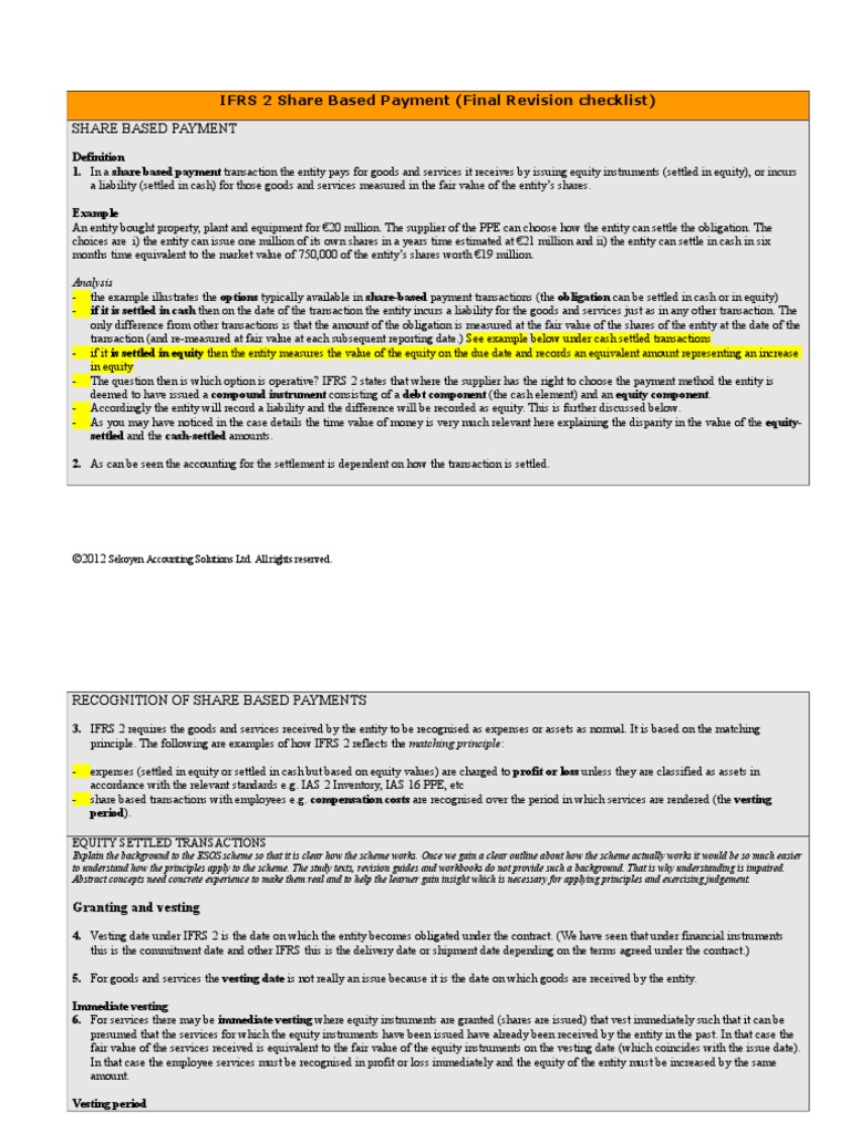 IFRS 2 Share Based Payment Final Revision Checklist | PDF | Option ...