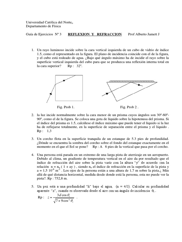 Guía de Ejercicios #3 - Reflexión y Refracción | PDF | Refracción | Reflexión (Física)