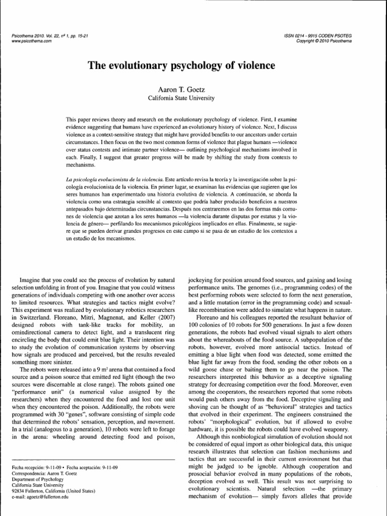 The Evolutionary Psychology of Violence: Aaron T. Goetz | PDF ...
