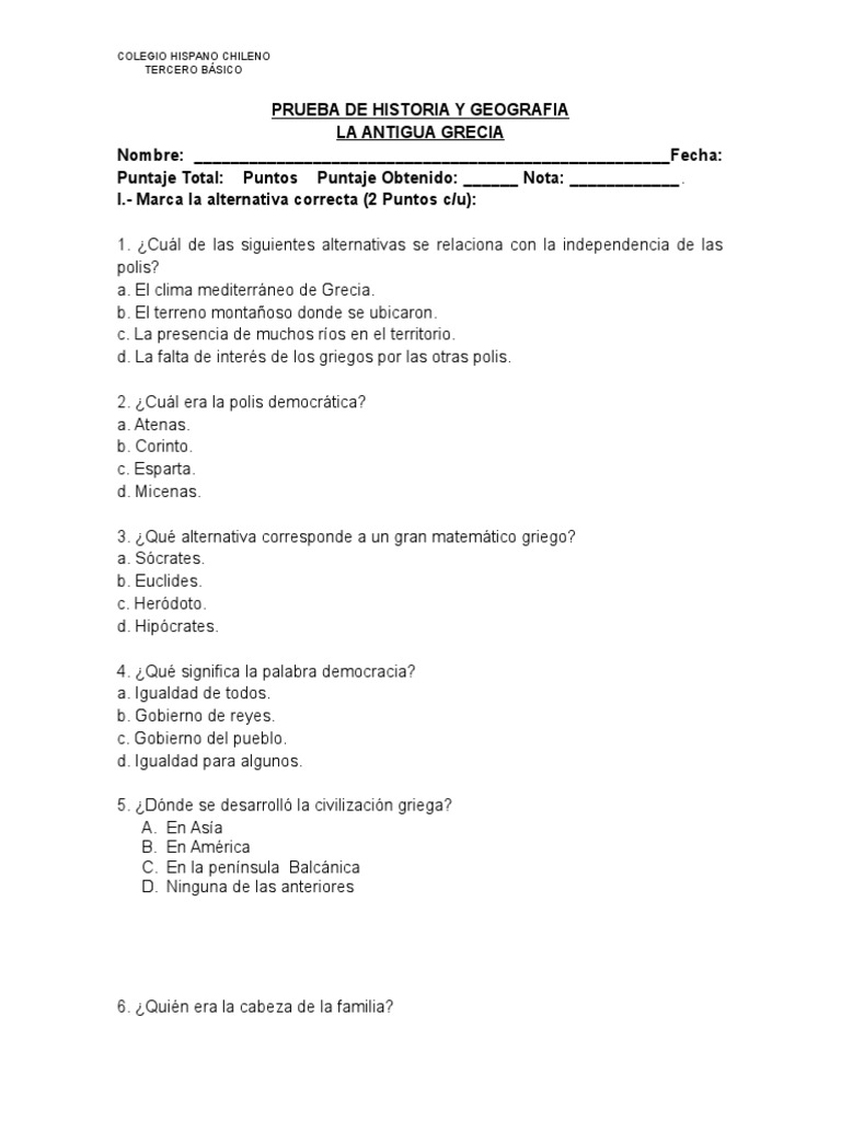 Prueba de Historia La Antigua Grecia 3 Basico | PDF | Antigua Grecia | Grecia