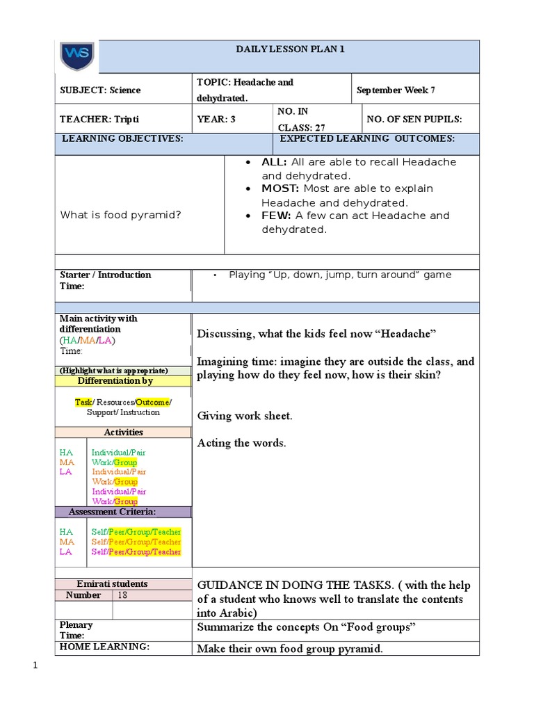 Science Lesson Plan: Headaches & Hydration | PDF