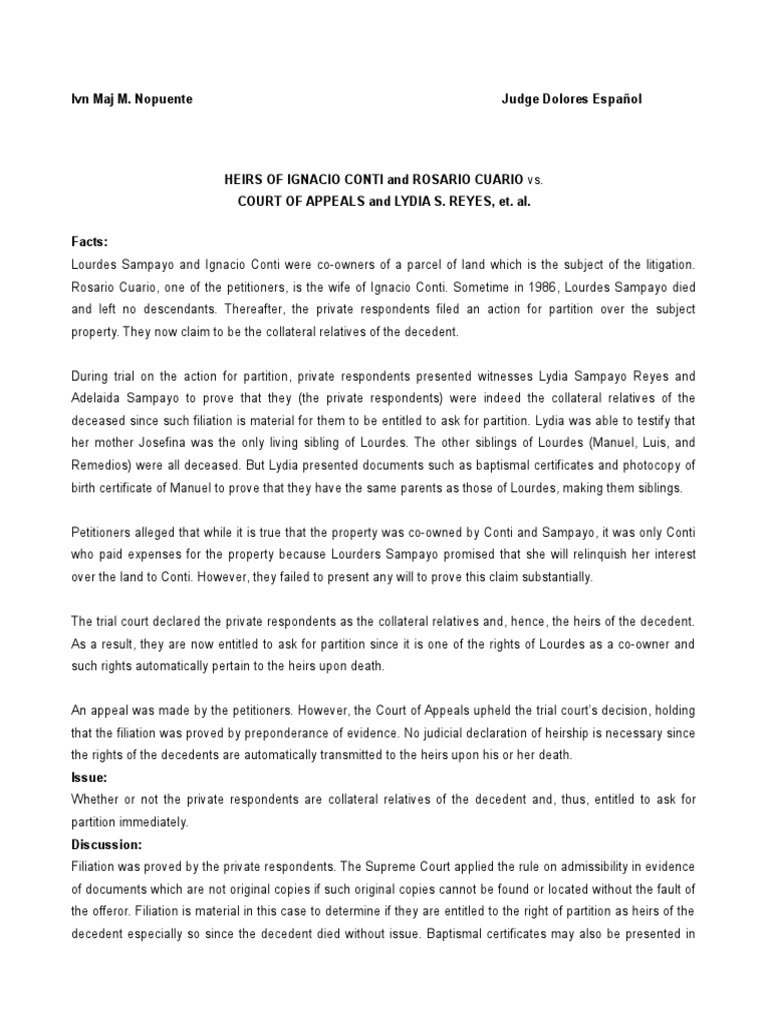 Determining Heirship Through Evidence of Filiation in Order to ...