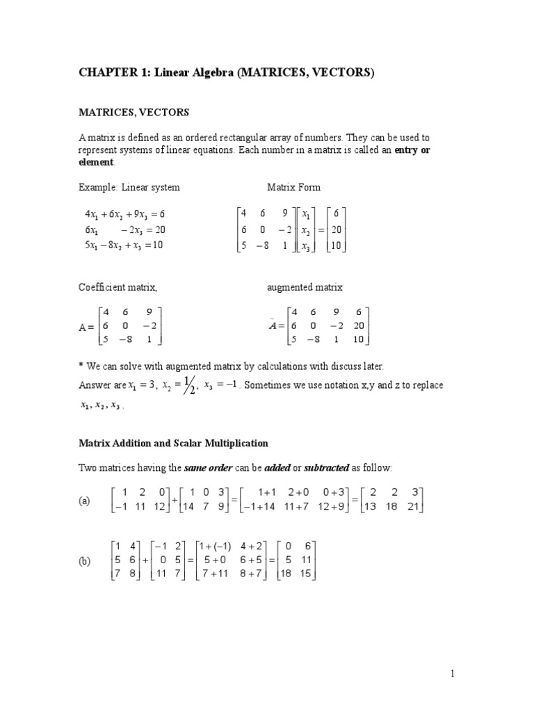 CHAPTER 1: Linear Algebra (MATRICES, VECTORS) | Download Free PDF ...