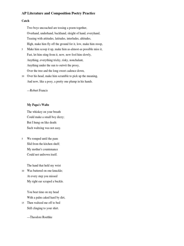 AP Literature and Composition Poetry Practice: Catch | PDF
