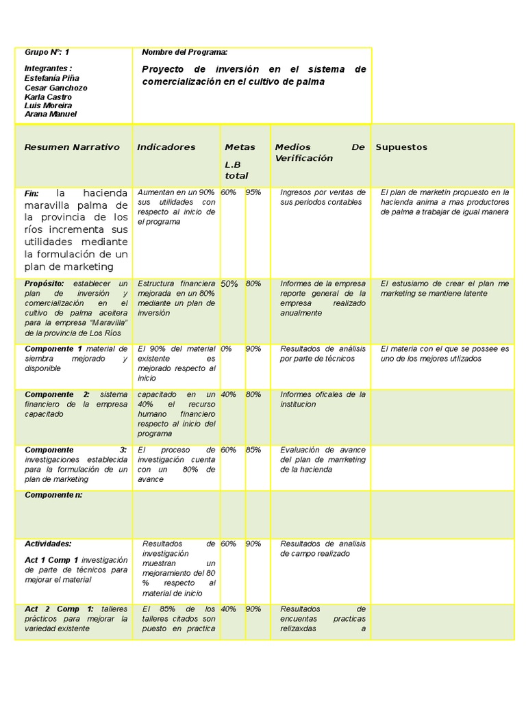 Matriz Del Marco Logico, MML | Descargar gratis PDF | Marketing | Presupuesto
