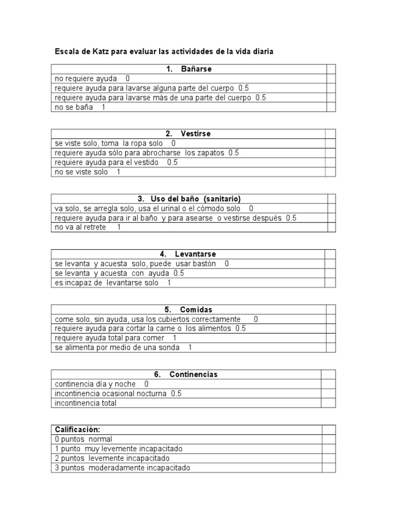 Escala de Katz para Evaluar Las Actividades de La Vida Diaria | PDF