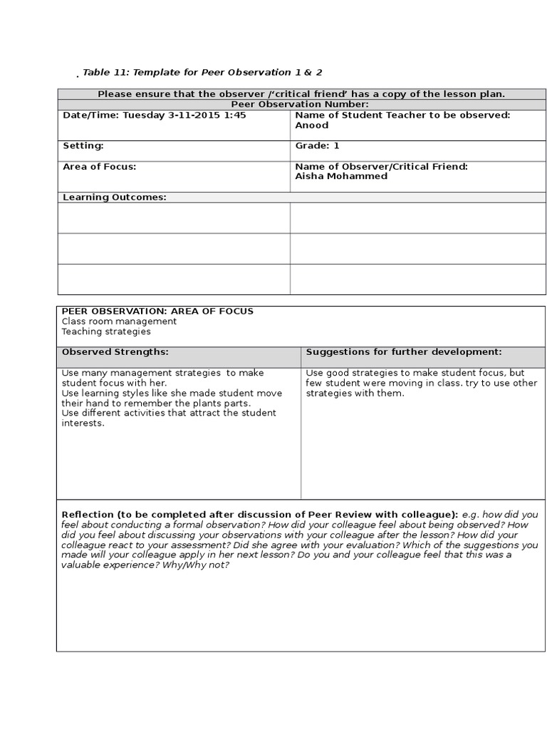 peer observation | Educational Assessment | Lesson Plan