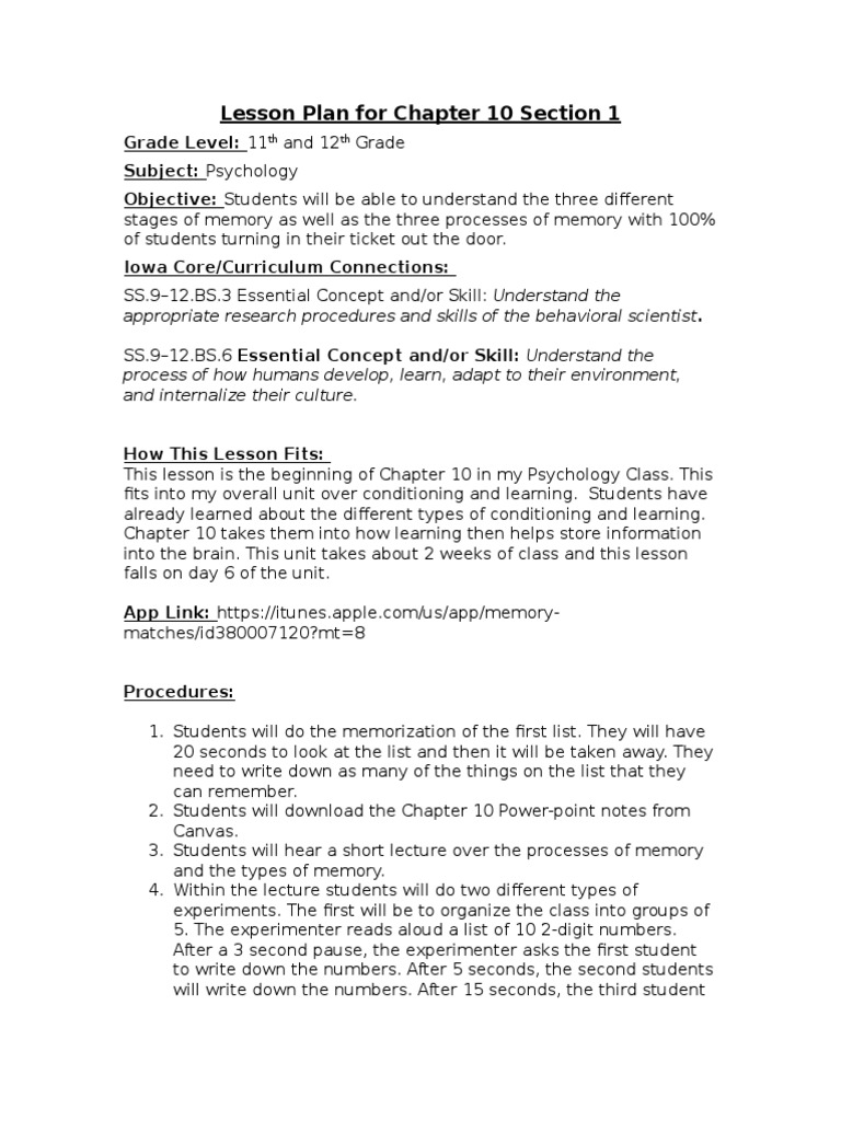 Memory Stages Lesson Plan for Psychology | PDF | Memory | Lesson Plan