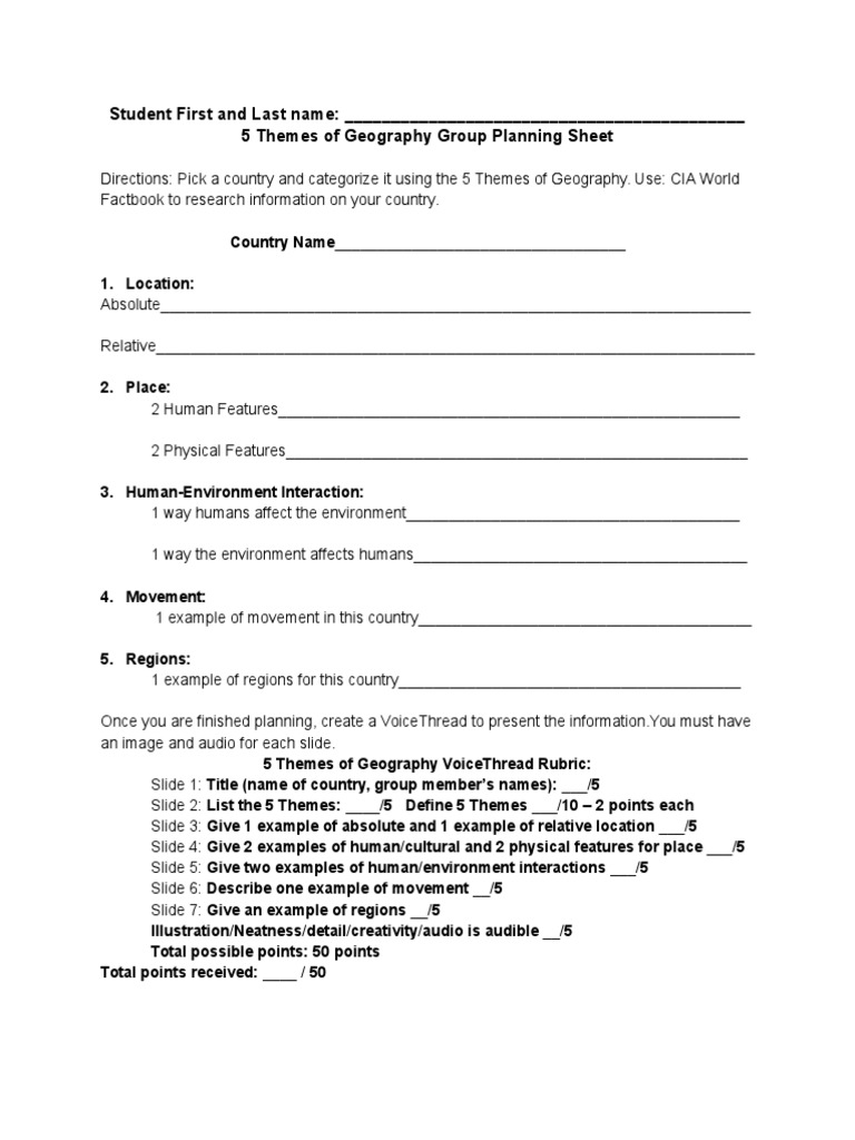 5 Themes of Geography Planning Sheet | PDF | Social Science