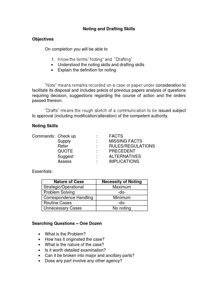 01-Noting and Drafting Skills | PDF