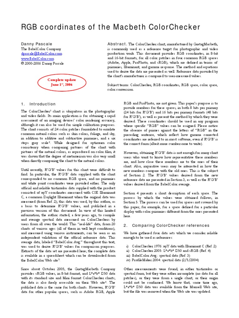RGB Coordinates of The Macbeth ColorChecker | PDF