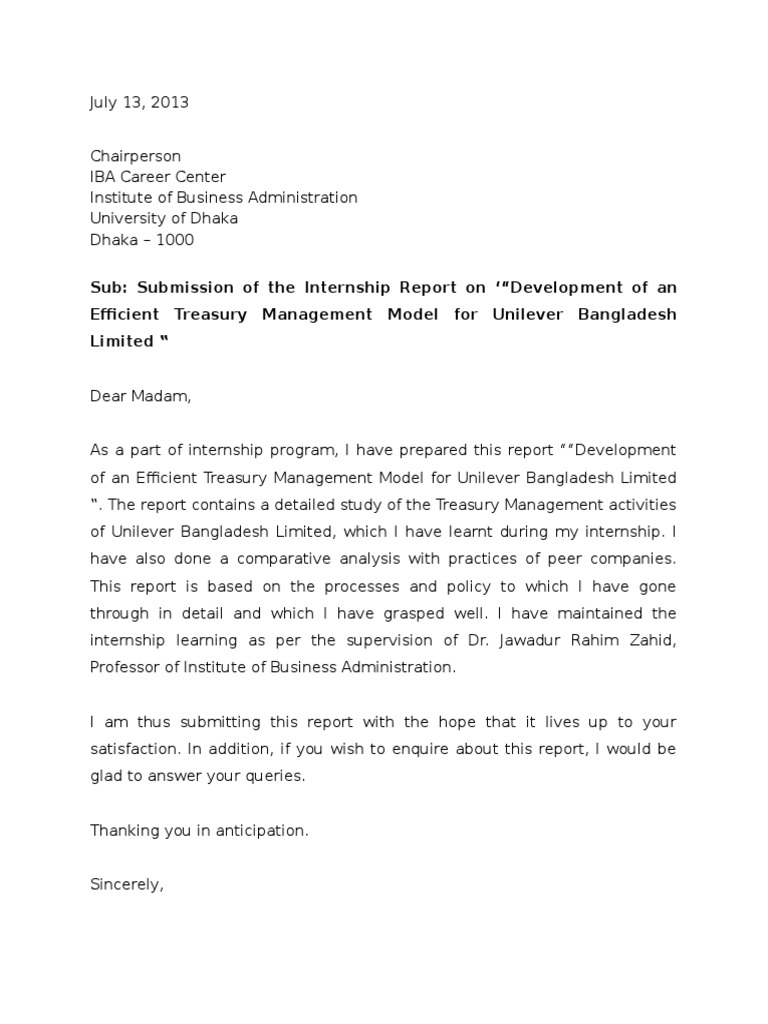 Internship On Unilever - Letter of Transmittal | PDF