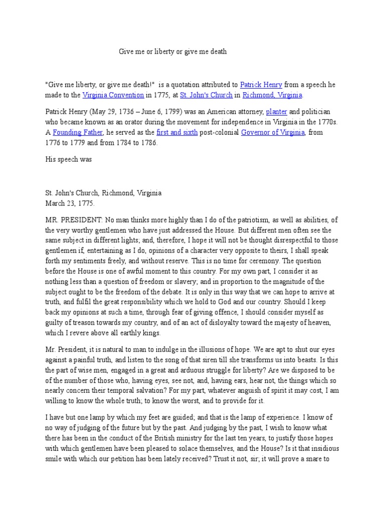 Patrick Henry's Liberty or Death Speech | PDF | Prudence | Virtue