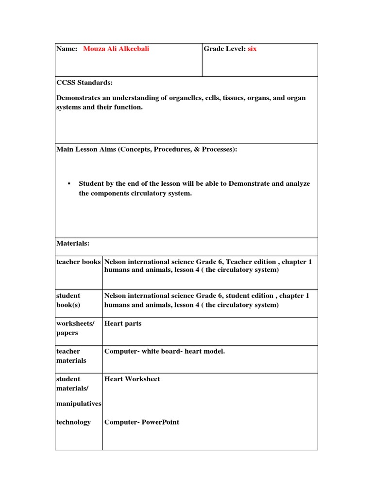 Lesson Plan Circulatory System 1 | PDF