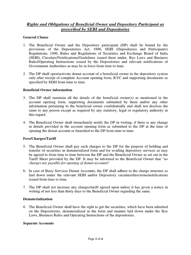 Rights and Obligations of Beneficial Owner and Depository Participant | PDF