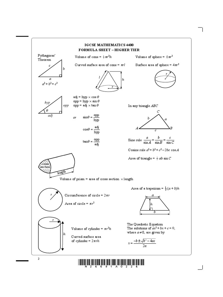 IGCSE Formula Sheet | PDF | Area | Sine