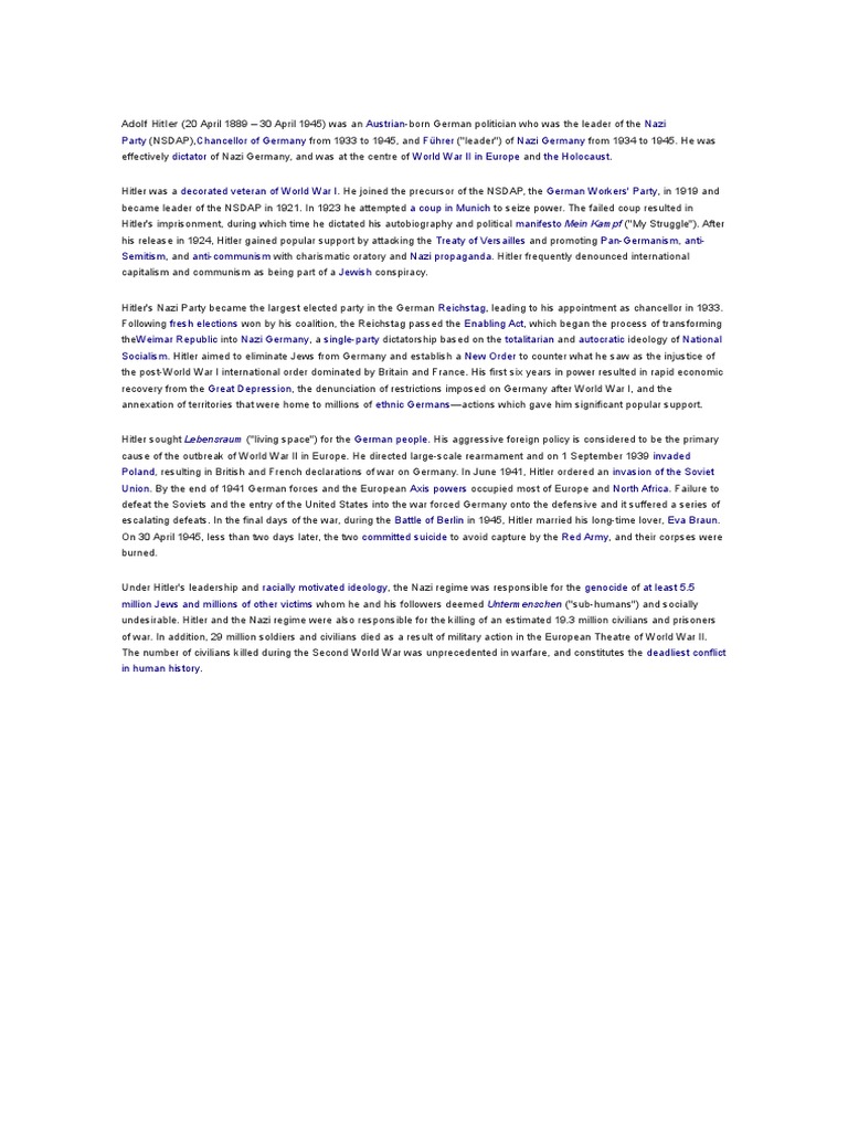 Adolf Hitler (20 April 1889 - 30 April 1945) Was An: Mein Kampf | PDF