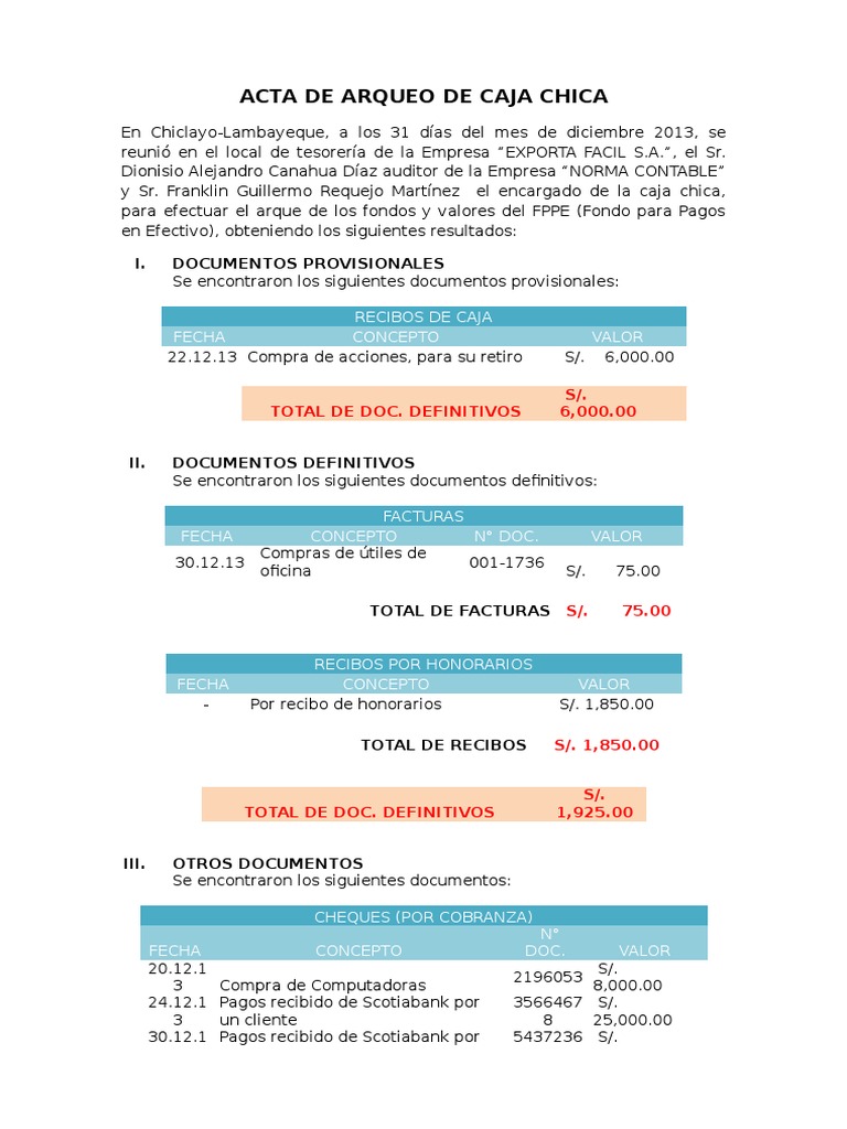 Acta de Arqueo de Caja Chica | PDF | Cheque | Economias