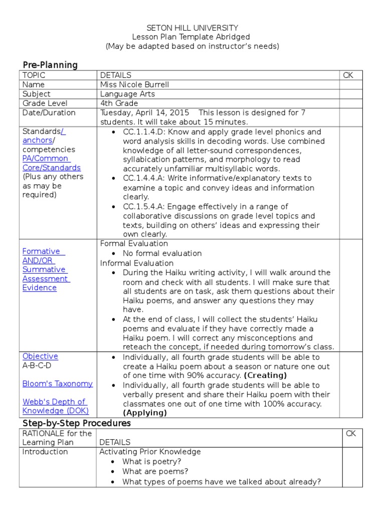 Poem Inquiry Lesson Plan | PDF | Haiku | Poetry