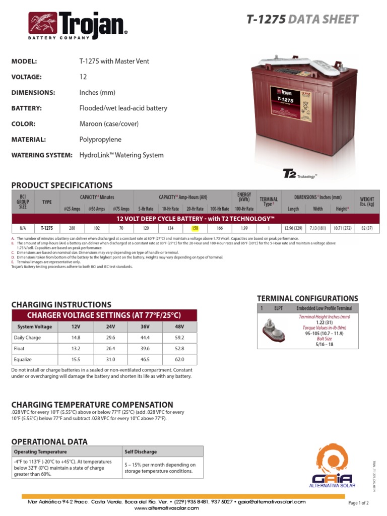 T1275 Trojan Data Sheets | PDF | Battery (Electricity) | Electricity