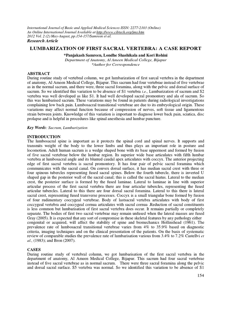 Lumbarization of First Sacral Vertebra | PDF | Vertebral Column | Vertebra