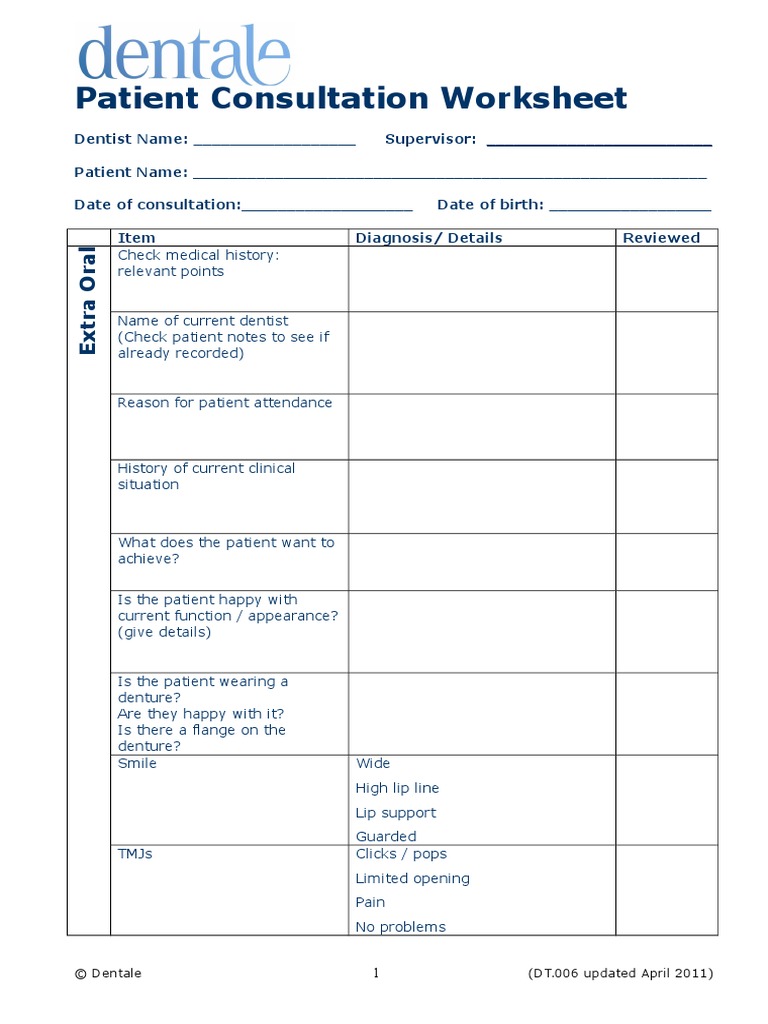 consultation Worksheet | Dental Implant | Dentures