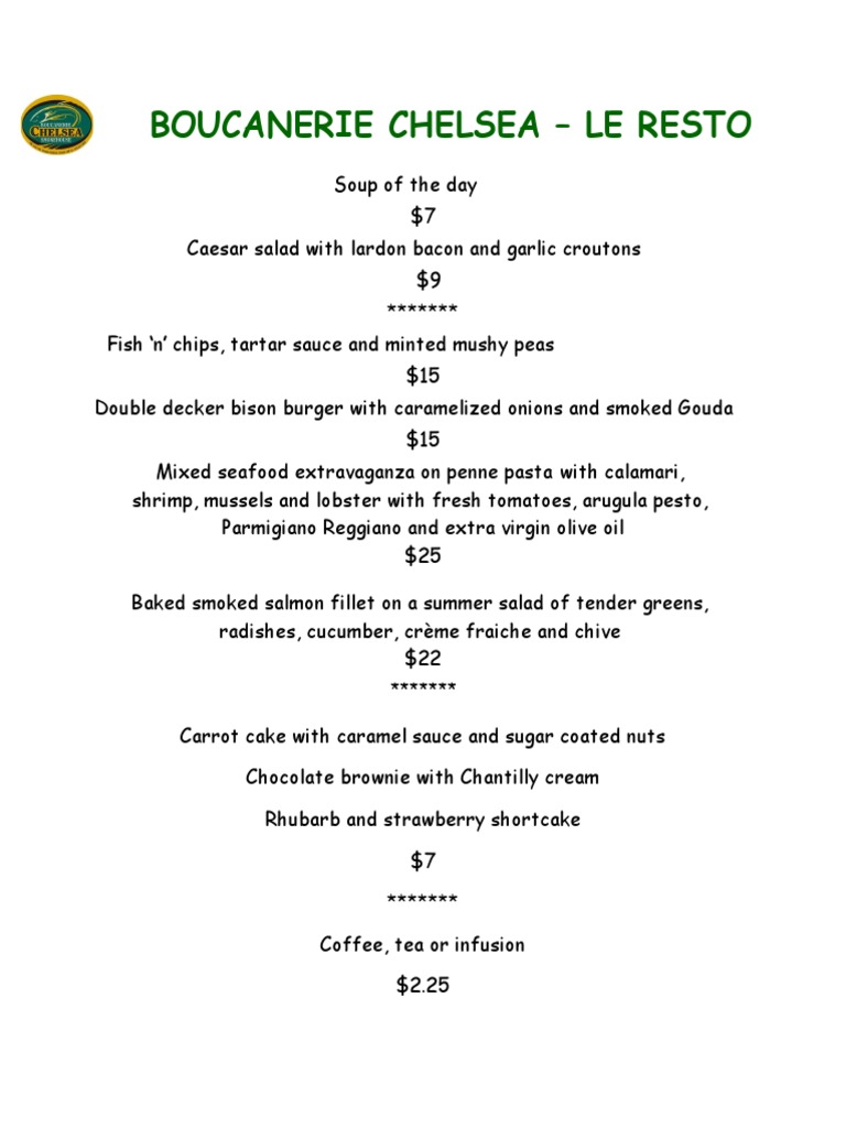 Boucanerie Chelsea Menu Highlights | PDF | Cooking, Food & Wine