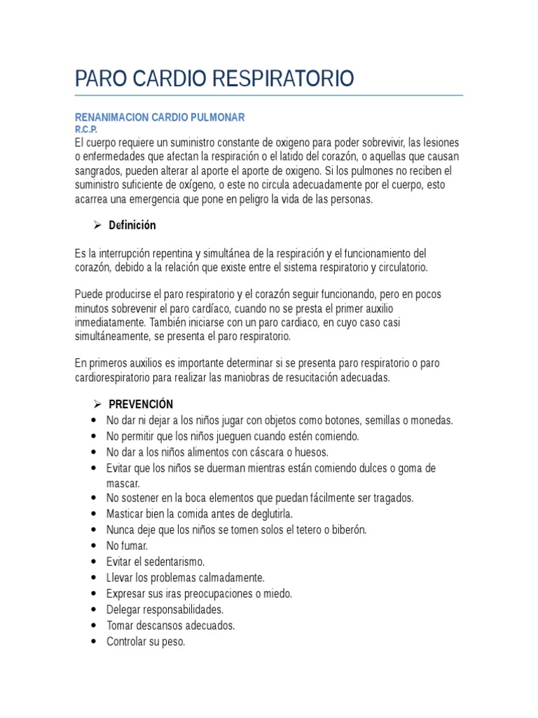 Paro Cardiorespiratorio | PDF | Reanimación cardiopulmonar | Paro cardíaco