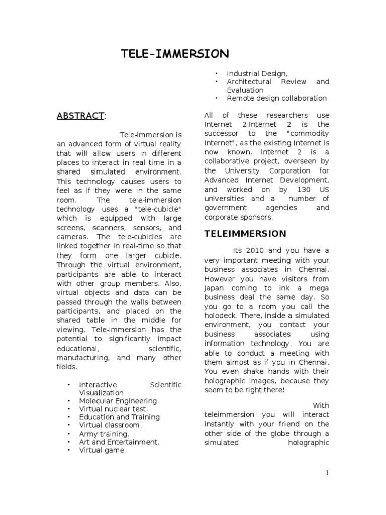 Tele Immersion | Download Free PDF | Virtual Reality | 3 D Computer ...