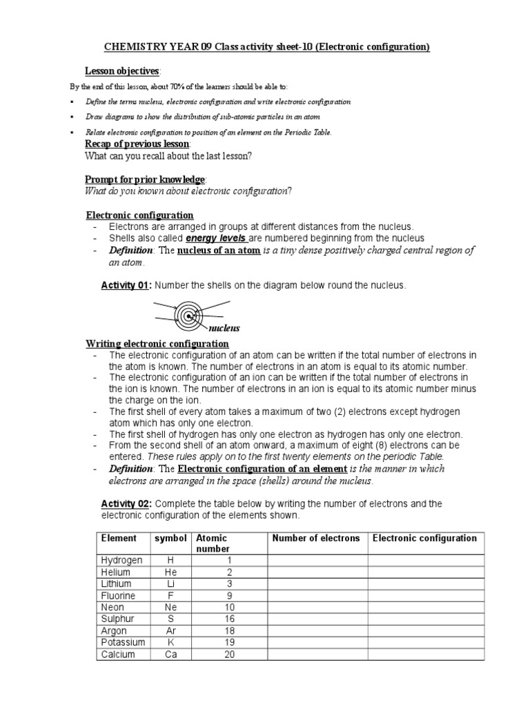 Electronic Configuration Activity Sheet | PDF | Electron Configuration ...