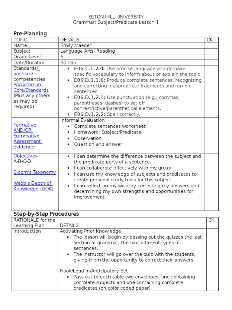 Subject and Predicate Lesson Plan | PDF | Subject (Grammar) | Worksheet