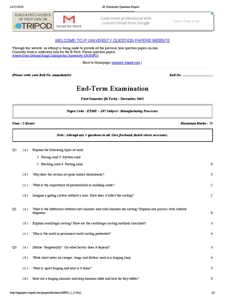 IP University Question Papers | PDF | Casting (Metalworking) | Welding