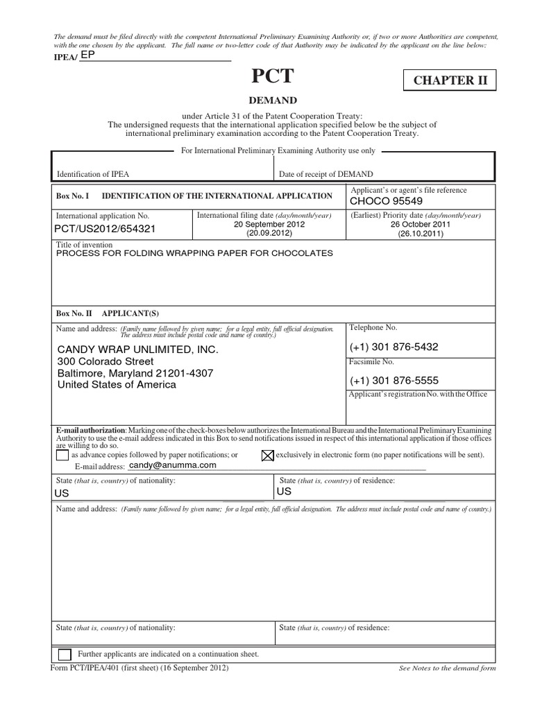 International Preliminary Examination Request for PCT Patent Application No. PCT/US2012/654321 ...