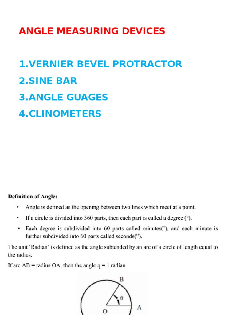 Angle Measuring Devices: 1.vernier Bevel Protractor 2.sine Bar 3.angle Guages 4.clinometers | PDF