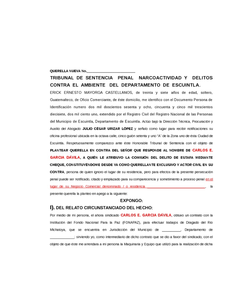 Querella Estafa Mediante Cheque Erick Mayorga Castellanos | PDF ...