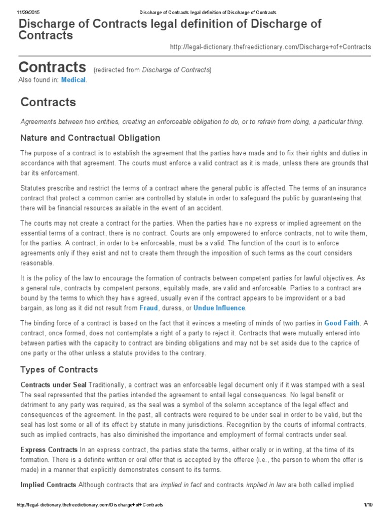 Discharge of Contracts Legal Definition of Discharge of Contracts | PDF ...