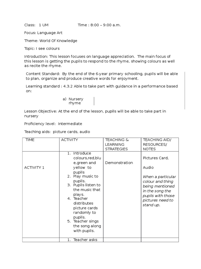 "Nursery Rhyme Colors Lesson Plan" | PDF