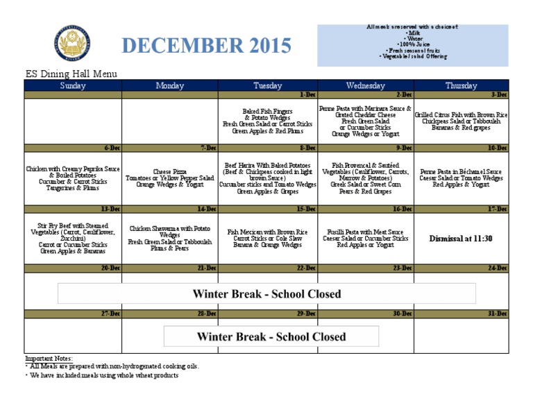 ES Dining Hall Menu - December 2015 | PDF
