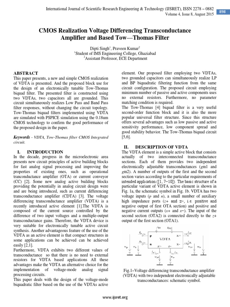 CMOS Realization Voltage Differencing Transconductance Amplifier and Based Tow-Thomas Filter ...