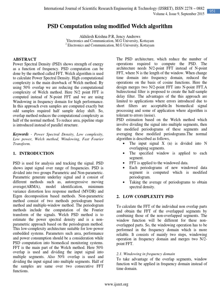 PSD Computation Using Modified Welch Algorithm | PDF | Fast Fourier Transform | Spectral Density