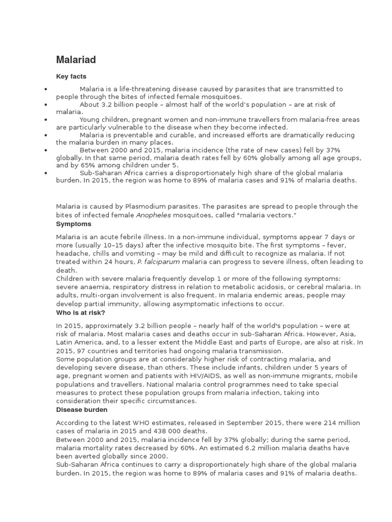 Key Facts on Malaria: Causes, Symptoms, Prevention | PDF | Malaria ...