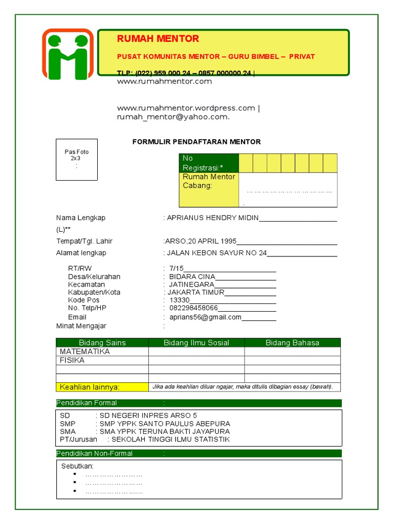 Formulir Pendaftaran Mentor Di Rumah Mentor | PDF